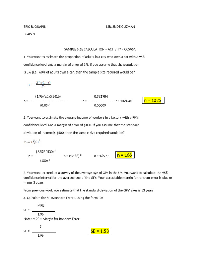 CCSASA Activity - Guapin | PDF | Sample Size Determination | Errors And Residuals