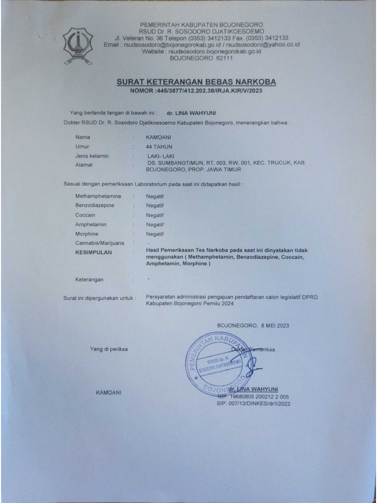 Surat Keterangan Bebas Narkoba Kamdani | PDF
