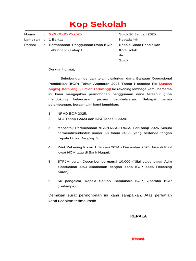 Contoh Surat Permohonan Penggunaan Dana BOP Tahun 2025 Tahap I | PDF