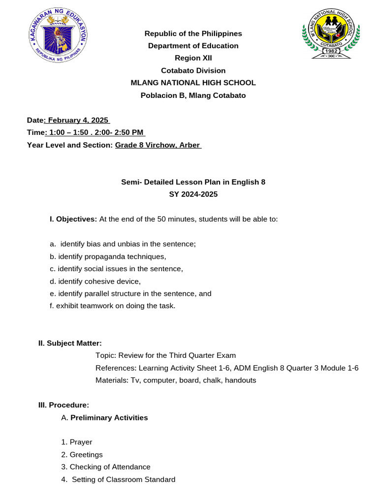 Grade 8 English Lesson Plans Overview | PDF | Lesson Plan | Cognition