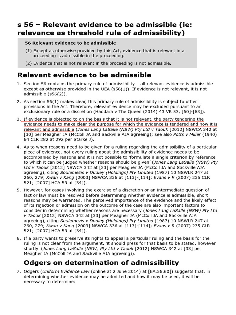S 56 - Relevant Evidence To Be Admissible (Ie - Relevance As Threshold ...