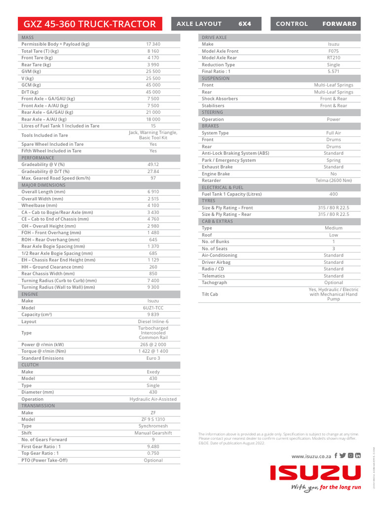 ISUZU GXZ 45-360 TRUCK-TRACTOR Specification 180822 | PDF | Manual Transmission | Truck