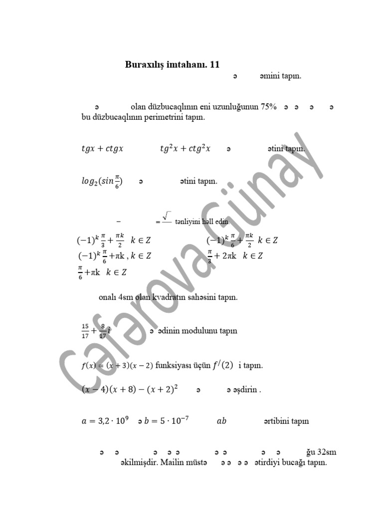 13 Mart 2022 Buraxilis Imtahani 11 Ci Sinif C. Gunay | PDF