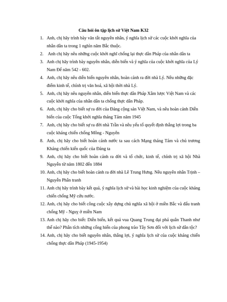 Câu hỏi ôn tập lịch sử Việt Nam K32 | PDF