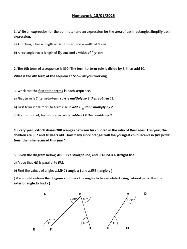 Math Homework: Perimeter, Sequences, and Ratios | PDF