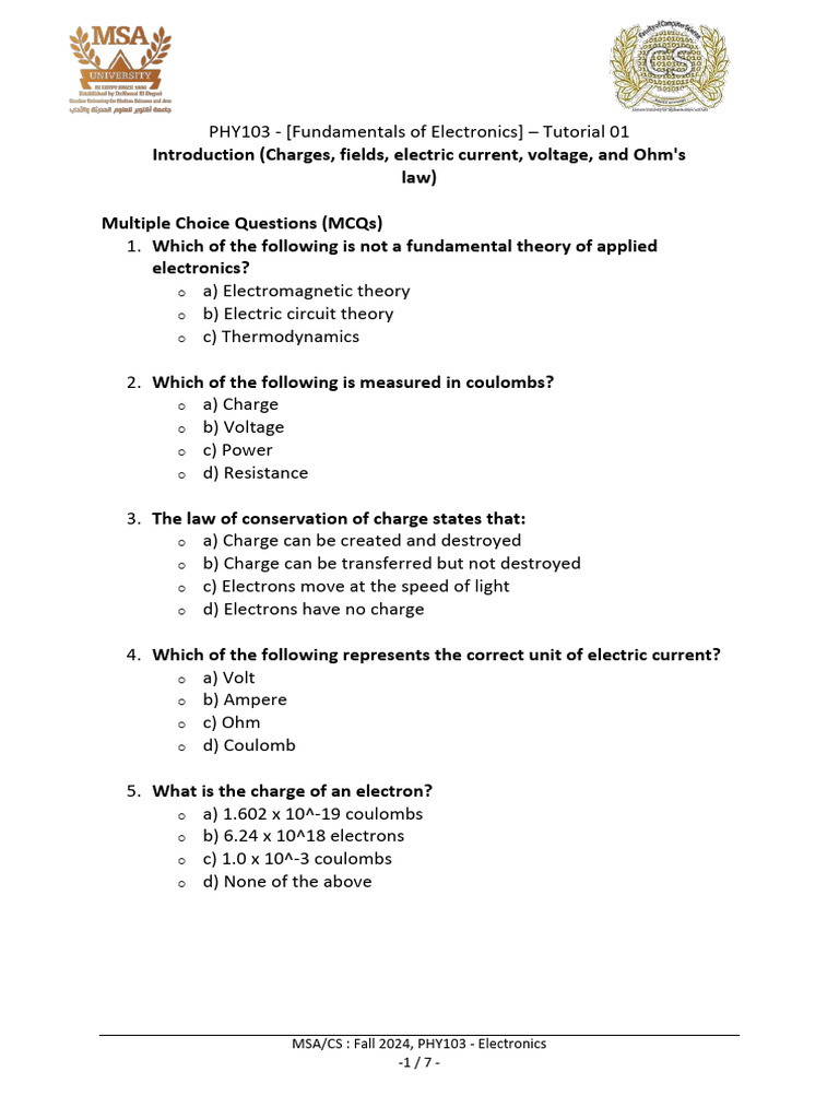 PHY103 - (Fundamentals of Electronics) - Tutorial 01 | PDF | Voltage ...