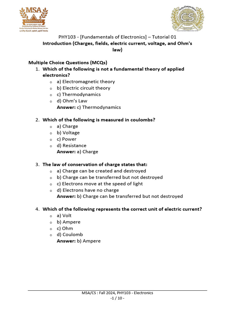 PHY103 - (Fundamentals of Electronics) - Sheet 01 - Model Answer | PDF | Electric Power ...