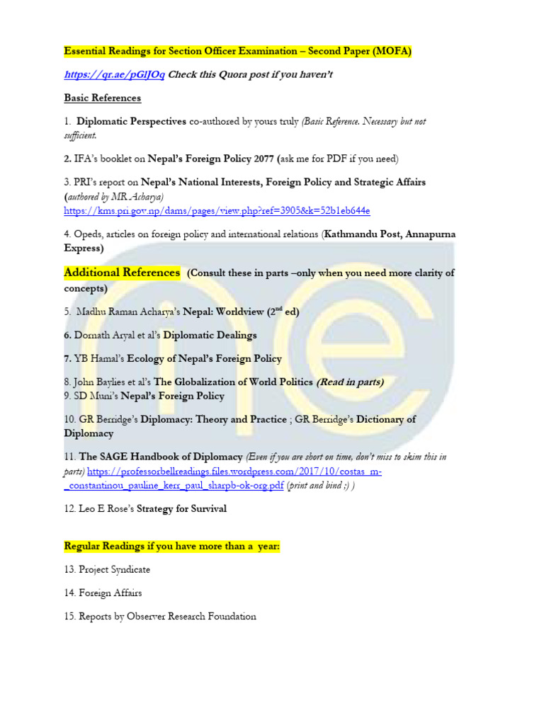 MOFA Section Officer Exam Resources | PDF | International Relations ...
