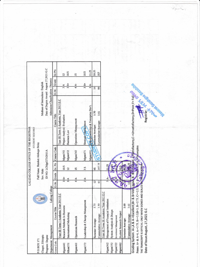 Bereket B.A Student Copy Back Side | PDF