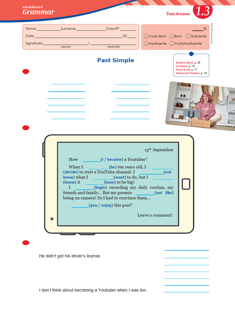 Enga8 Grammar Worksheet1 3 Past Simple | PDF
