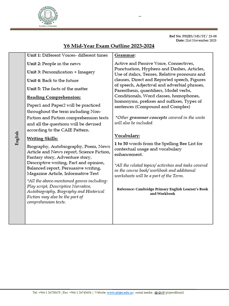 Y6 Mid-Year Exam Outline 2023-2024 | PDF | English Language | Multiplication