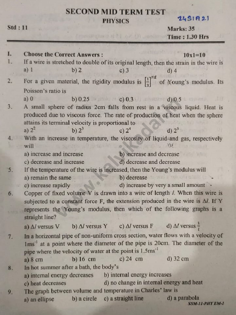 11th Physics 2nd Mid Term QP EM Madurai DT 2024 | PDF