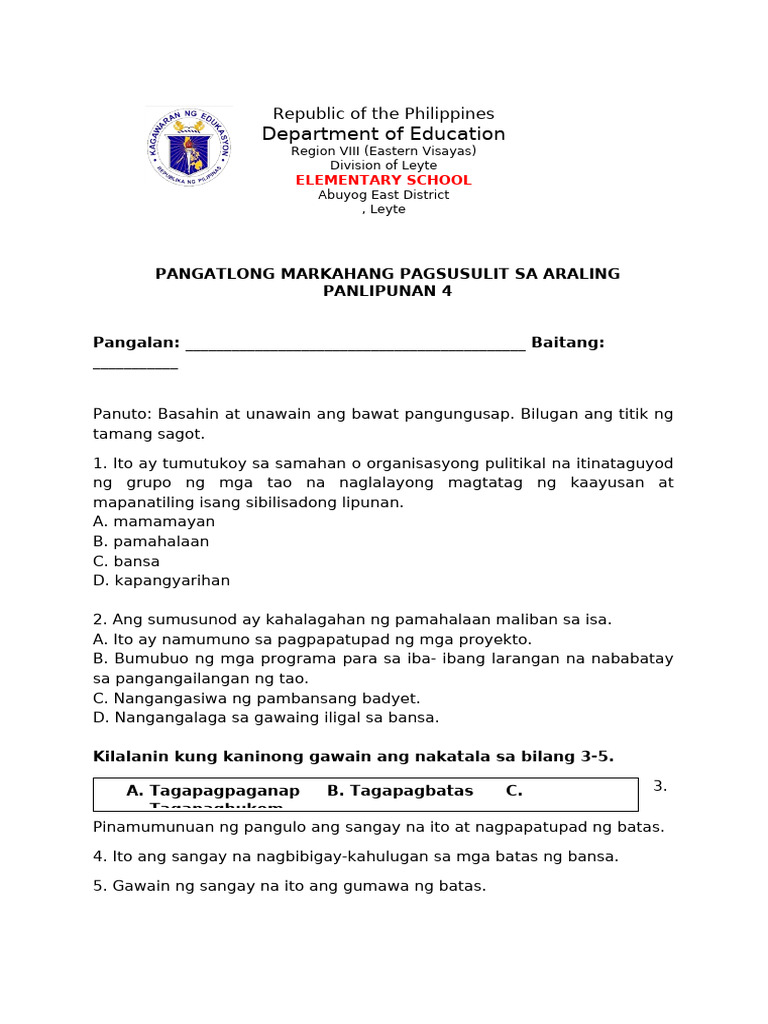 AP4 Q3 Exam with Answer Key | PDF