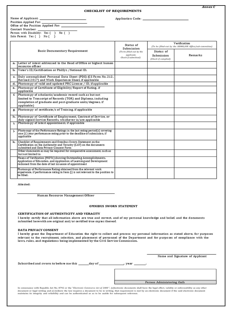 T I APPLICANT Checklist of Requirements and Omnibus Sworn Statement | PDF