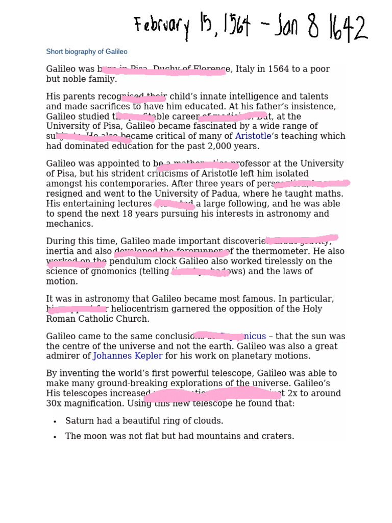 Short Biography of Galileo | PDF | Isaac Newton | Galileo Galilei