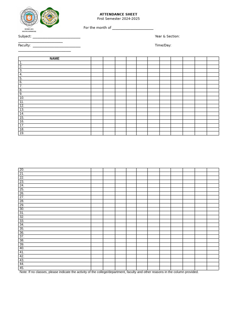 First Semester Attendance Sheet 2024-2025 | PDF