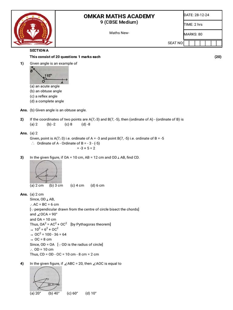 9th Grade Maths Exam Paper - CBSE | PDF | Angle | Circle