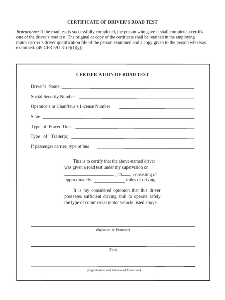Certificate of Drivers Road Test | PDF