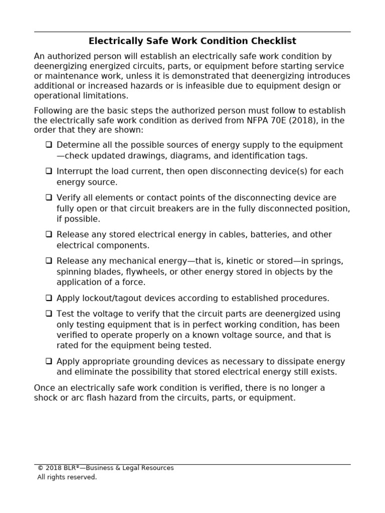 Electrically Safe Work Condition Checklist | PDF