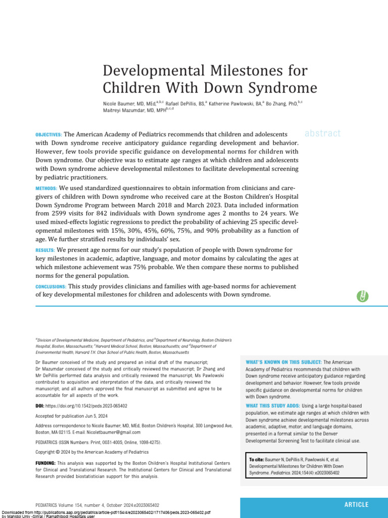 Down Syndrome Developmental Milestones | PDF | Down Syndrome | Caregiver