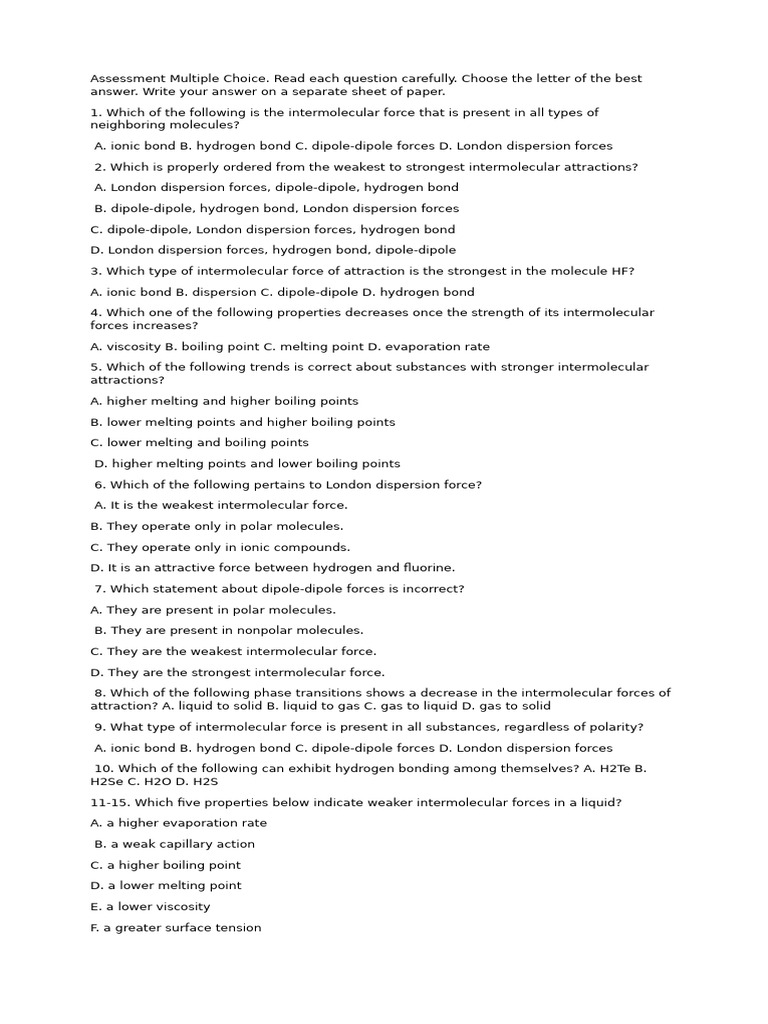 Intermolecular Forces Assessment Quiz | PDF | Intermolecular Force ...