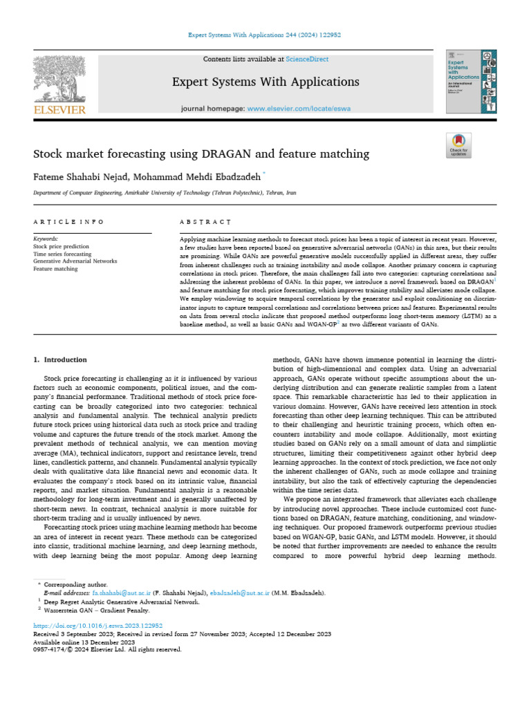 Stock Market Forecasting Using DRAGAN and Feature Matching - 1-s2.0-S0957417423034541-Main | PDF ...
