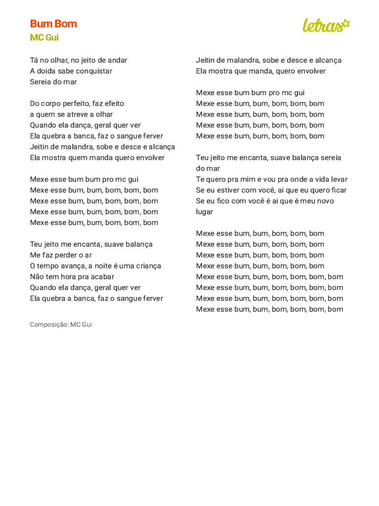BUM BOM - MC Gui (Impressão) | PDF