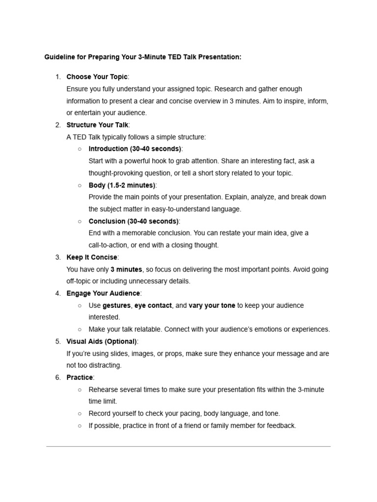 Guideline For Preparing Your 3-Minute TED Talk Presentation | PDF ...