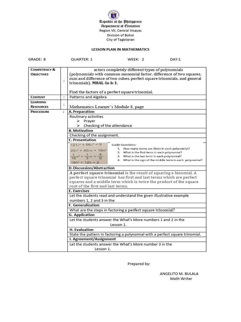 Grade 8 Math Lesson Plan: Polynomials | PDF | Factorization | Polynomial