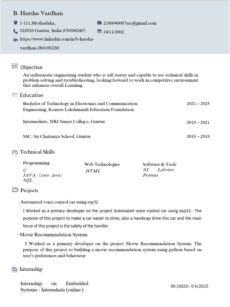Engineering Student Profile: Harsha Vardhan | PDF