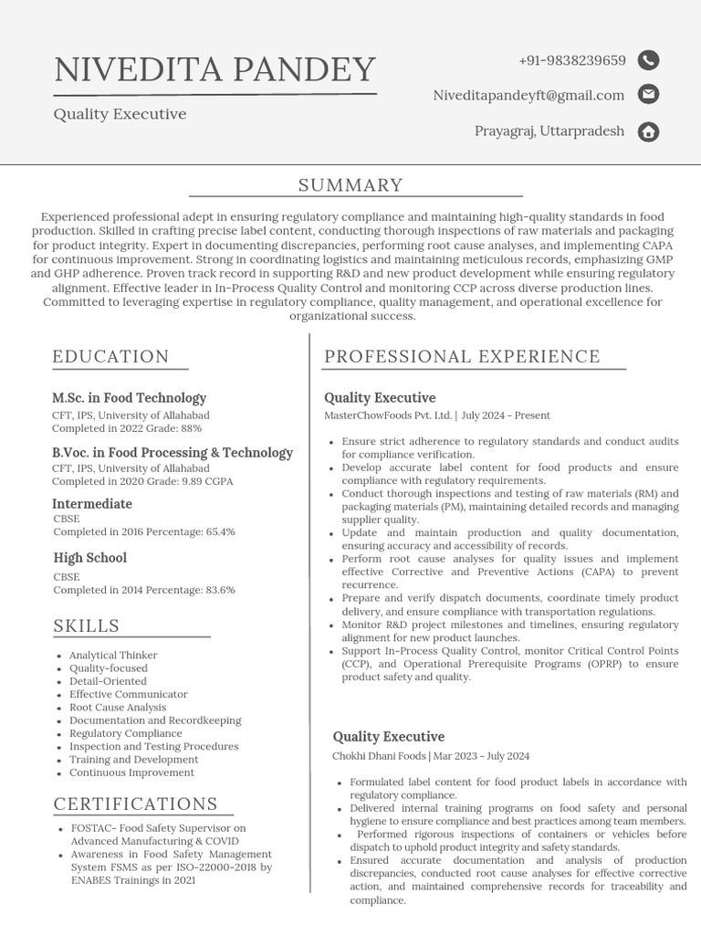 Quality Executive Resume: Nivedita Pandey | PDF | Regulatory Compliance | Food Safety