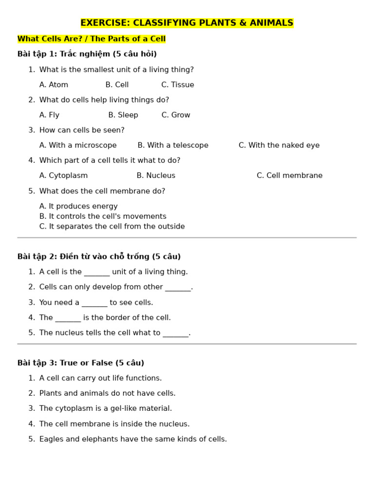 Plant and Animal Classification Worksheet | PDF | Plants | Cell (Biology)