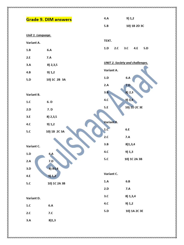 Grade 9-10-11 Dim Answers - Docx 1 Sürümü | PDF