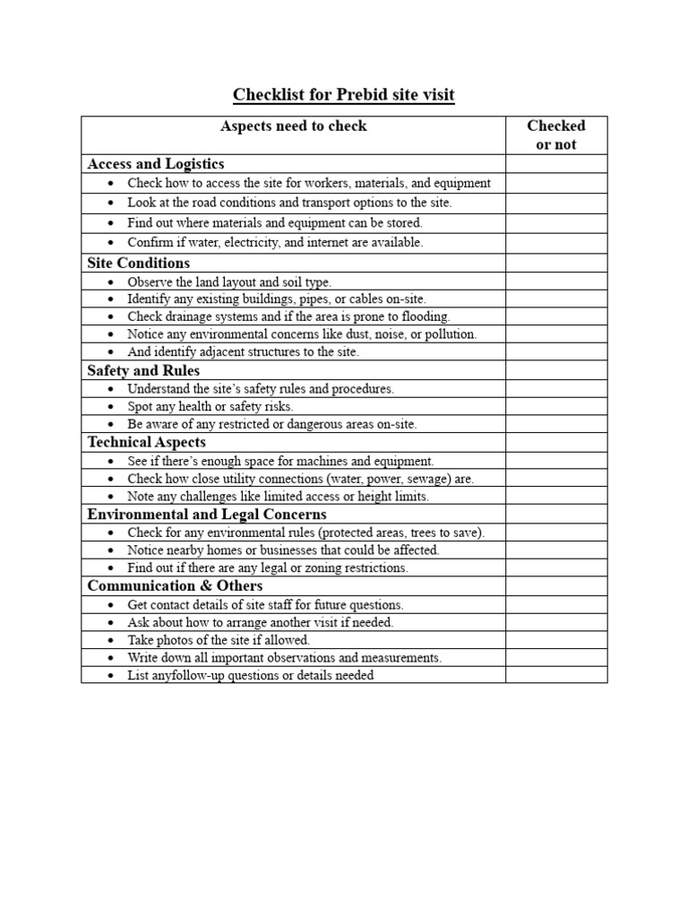 Prebid Site Visit Checklist | PDF