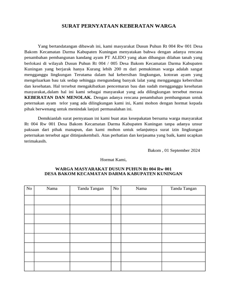 Surat Pernyataan Keberatan Warga | PDF