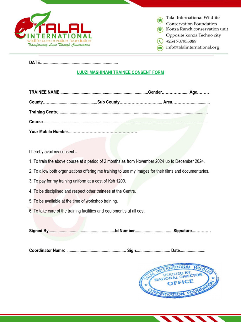 Ujuzi Mashinani Trainee Consent Form | PDF