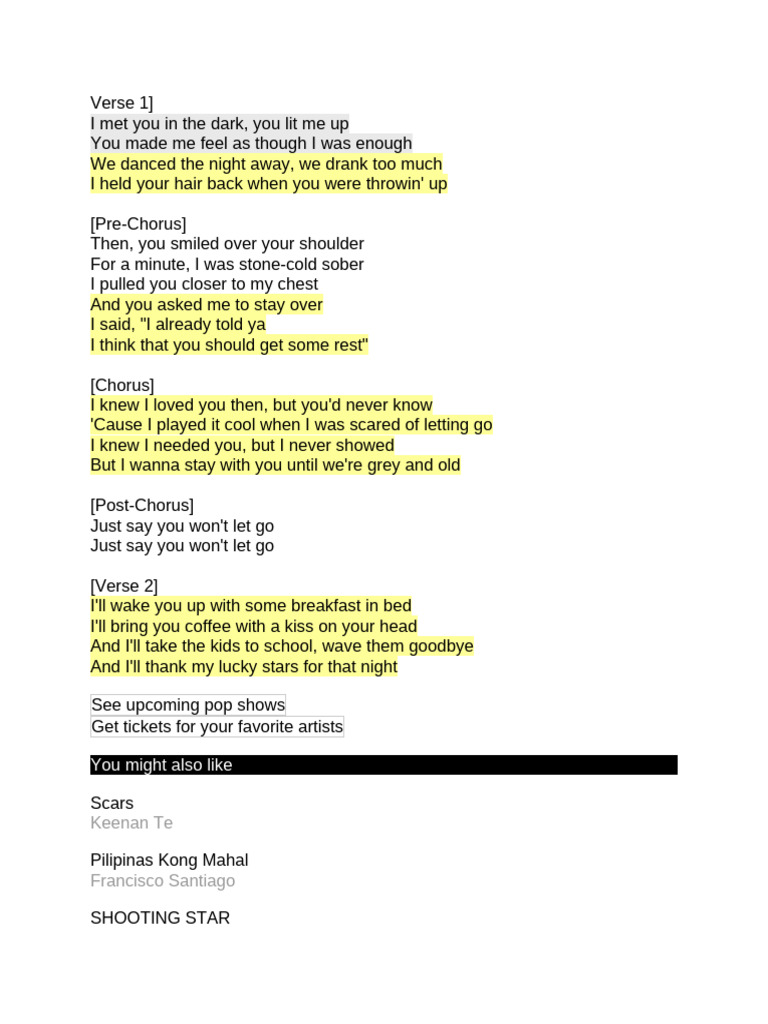 Love Song Lyrics: "Say You Won't Let Go" | PDF