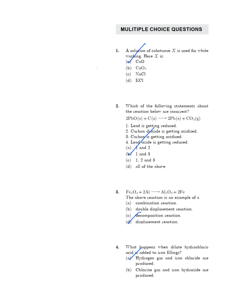 Chemical Reactions and Equations MCQs | PDF | Chemical Reactions | Redox