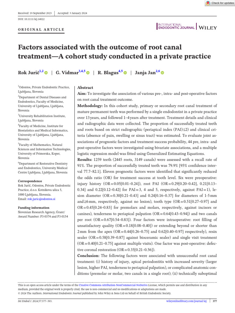 Root Canal Treatment Outcome Factors | PDF | Regression Analysis ...