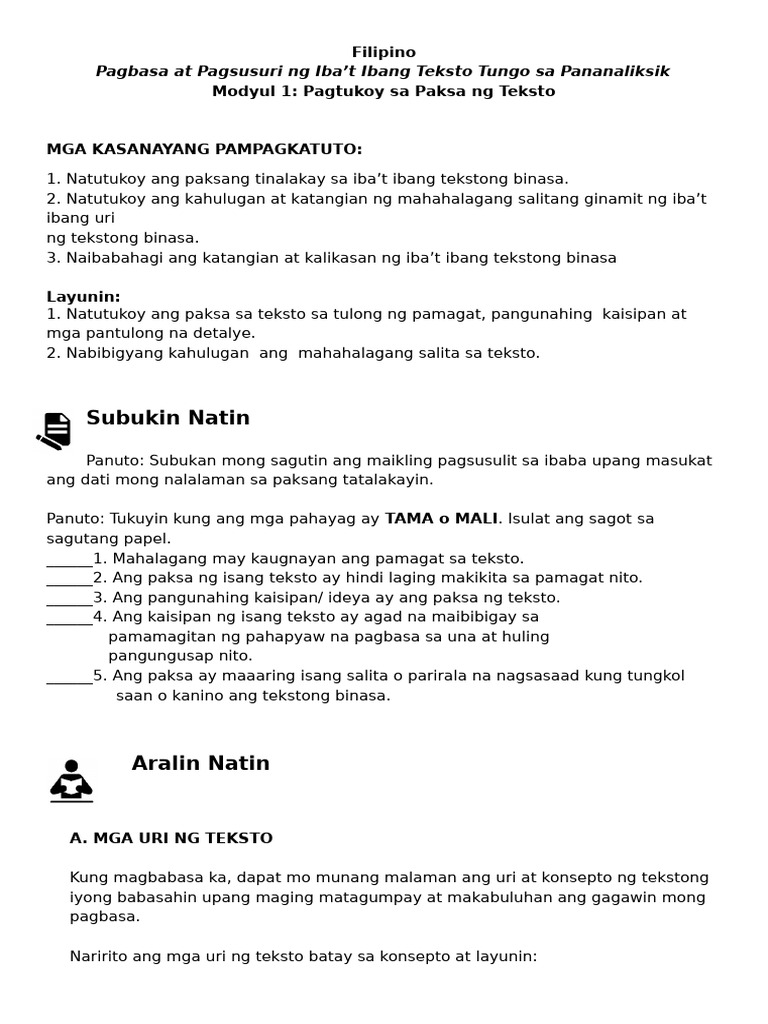 Pagbasa at Pagsusuri Module 1 | PDF