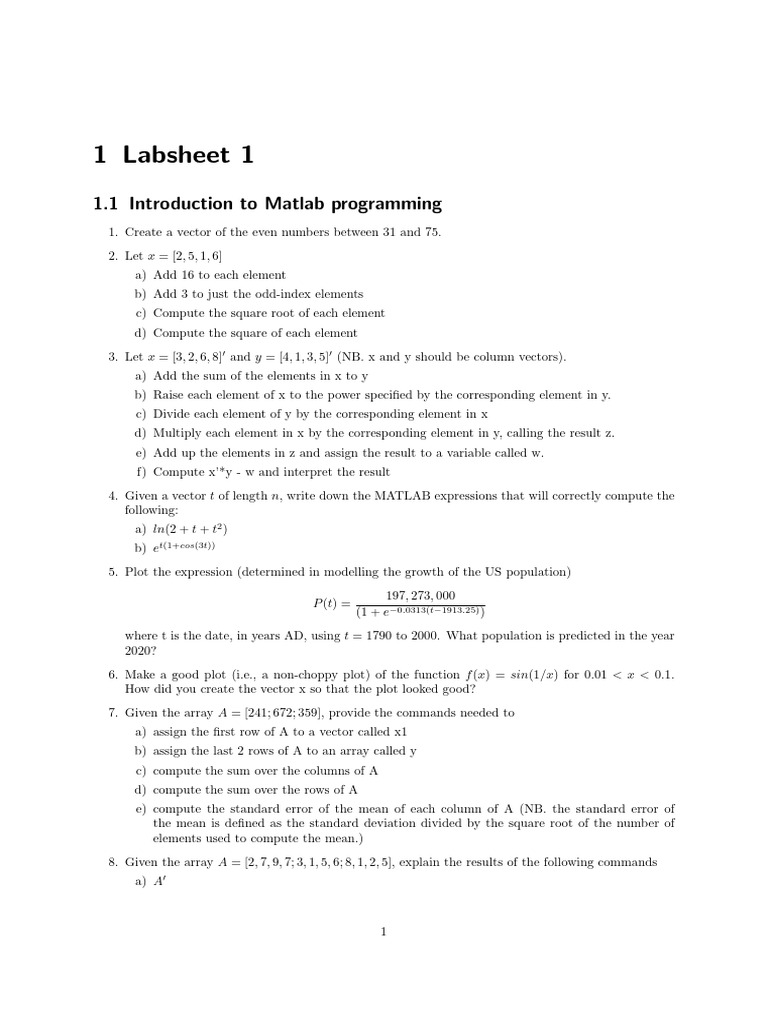 Labsheet_1 | PDF | Matlab | Mathematical Analysis