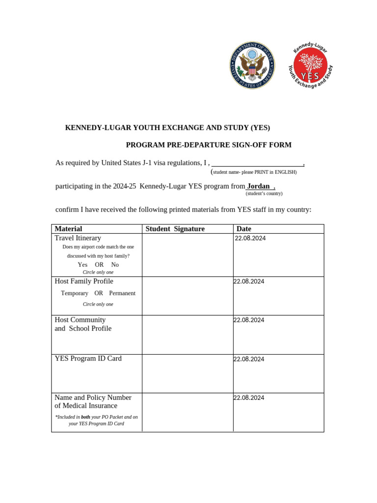 J-1 Student Document Sign Off Form 2024-25 | PDF