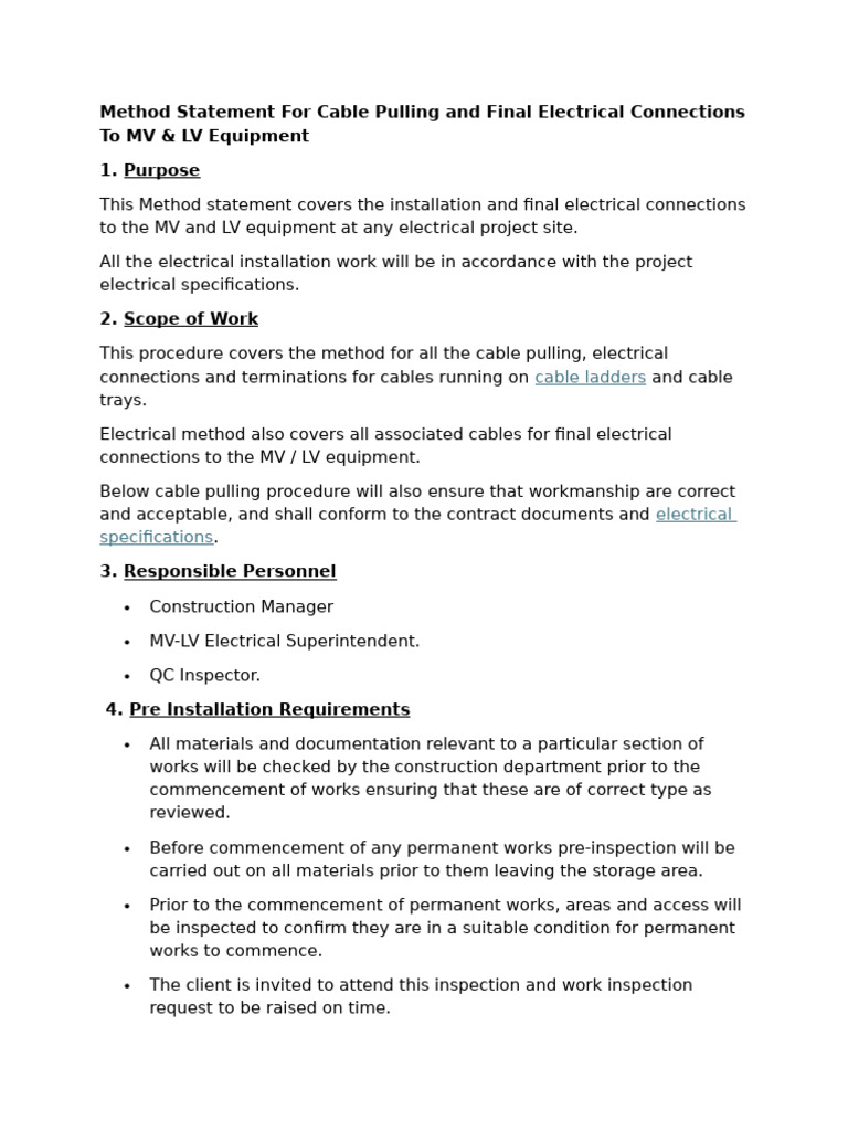 Method Statement For Cable Pulling and Final Electrical Connections To MV | PDF | Electrical ...
