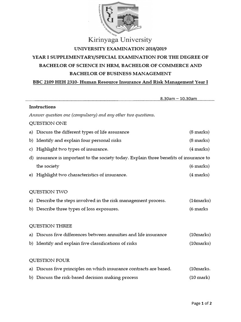 BBC 2109 HEH 2310 - Human Resource Insurance and Risk Management Year I ...