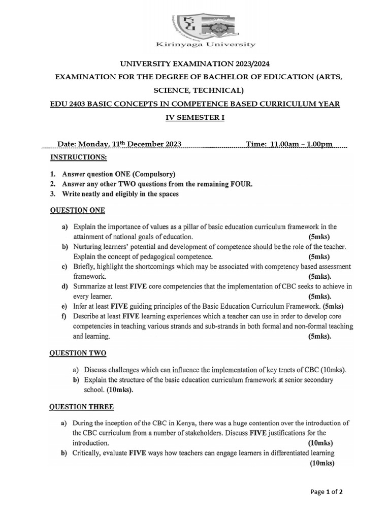 Edu 2403 Basic Concepts in Competence Based Curriculum | PDF