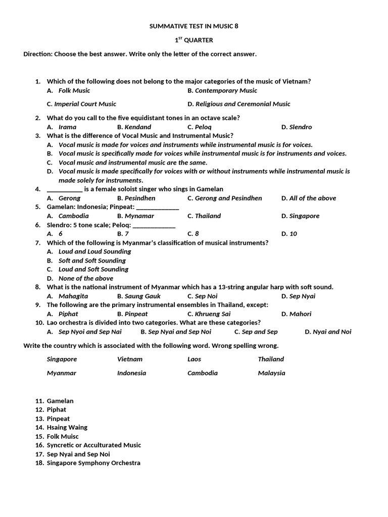 SUMMATIVE TEST IN MUSIC 8 1st Quarter | PDF | Musicology | Performing Arts