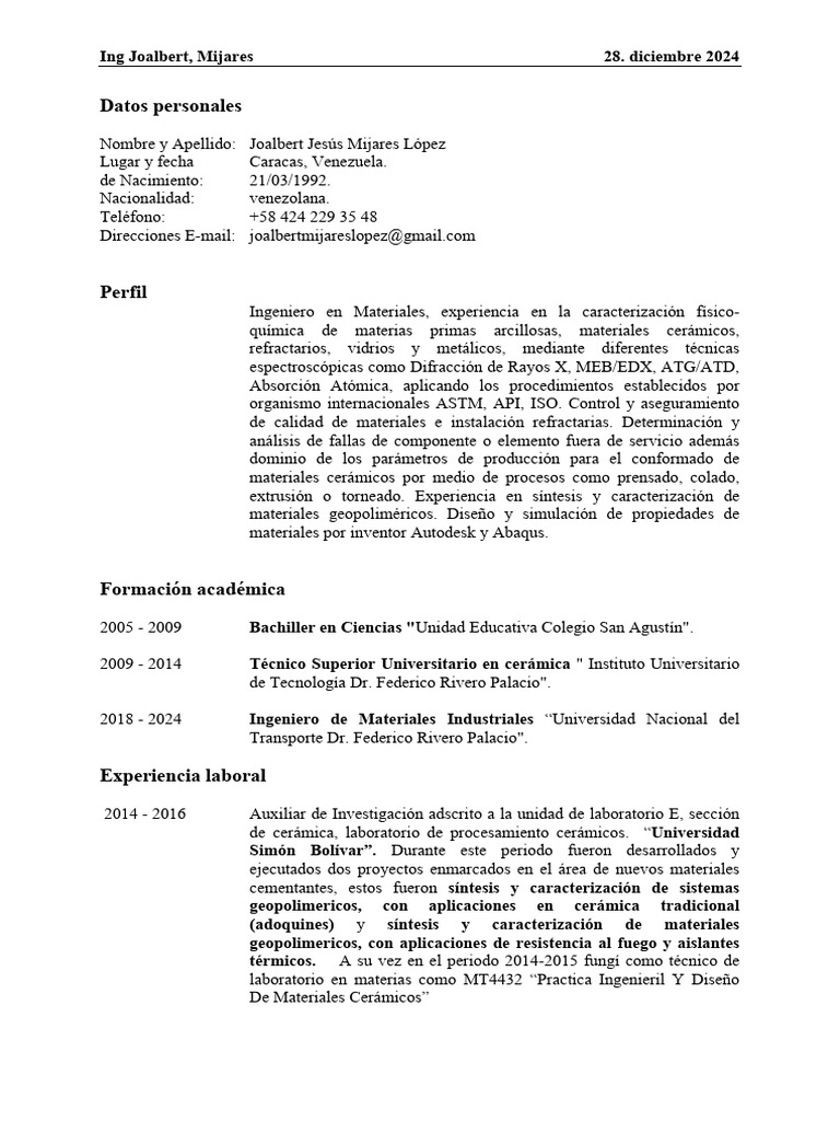 CV JM Esp | PDF | Cerámica | Laboratorios