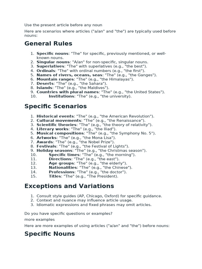 Using Articles Before Nouns: A Guide | PDF