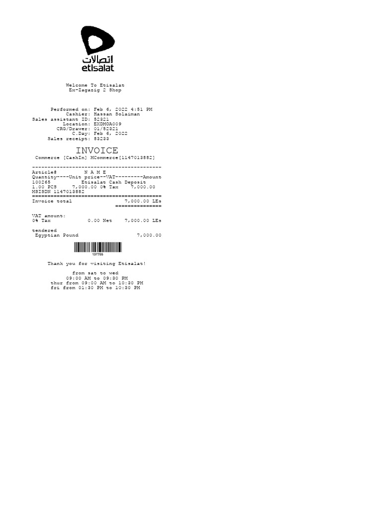 Etisalat Cash Deposit Invoice Details | PDF