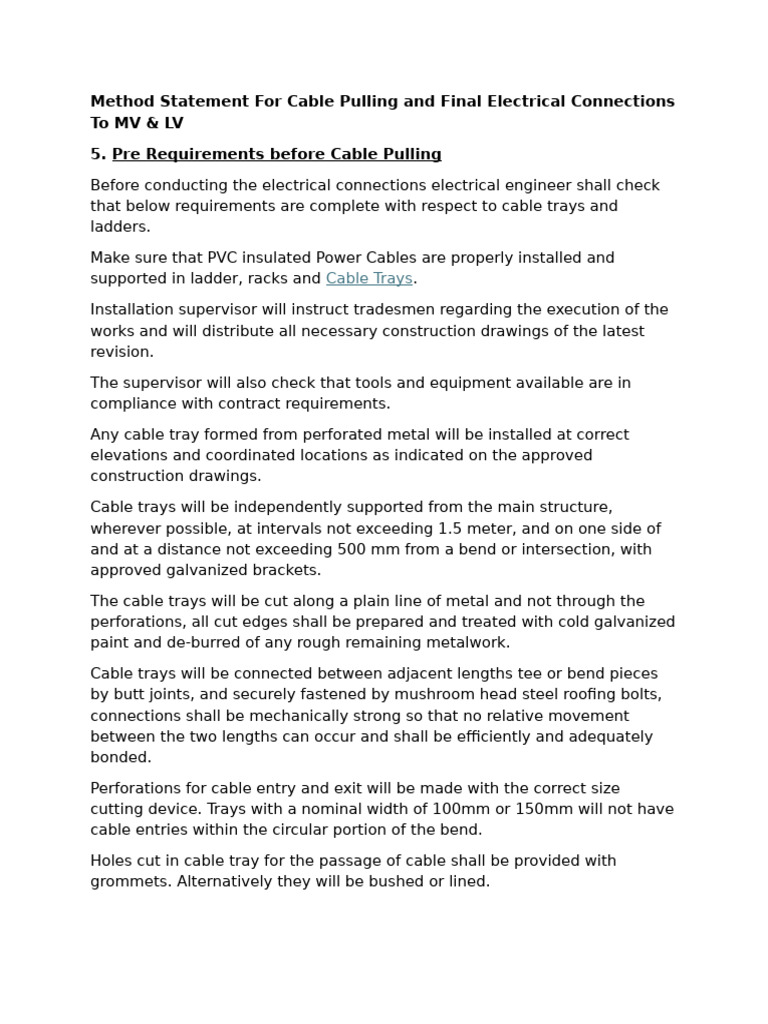 Method Statement For Cable Pulling and Final Electrical Connections To MV | PDF | Electrical ...